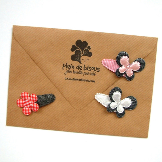 Barrette Bébé & Petite Fille En Jean & Vichy Rouge - Plein De Bisous